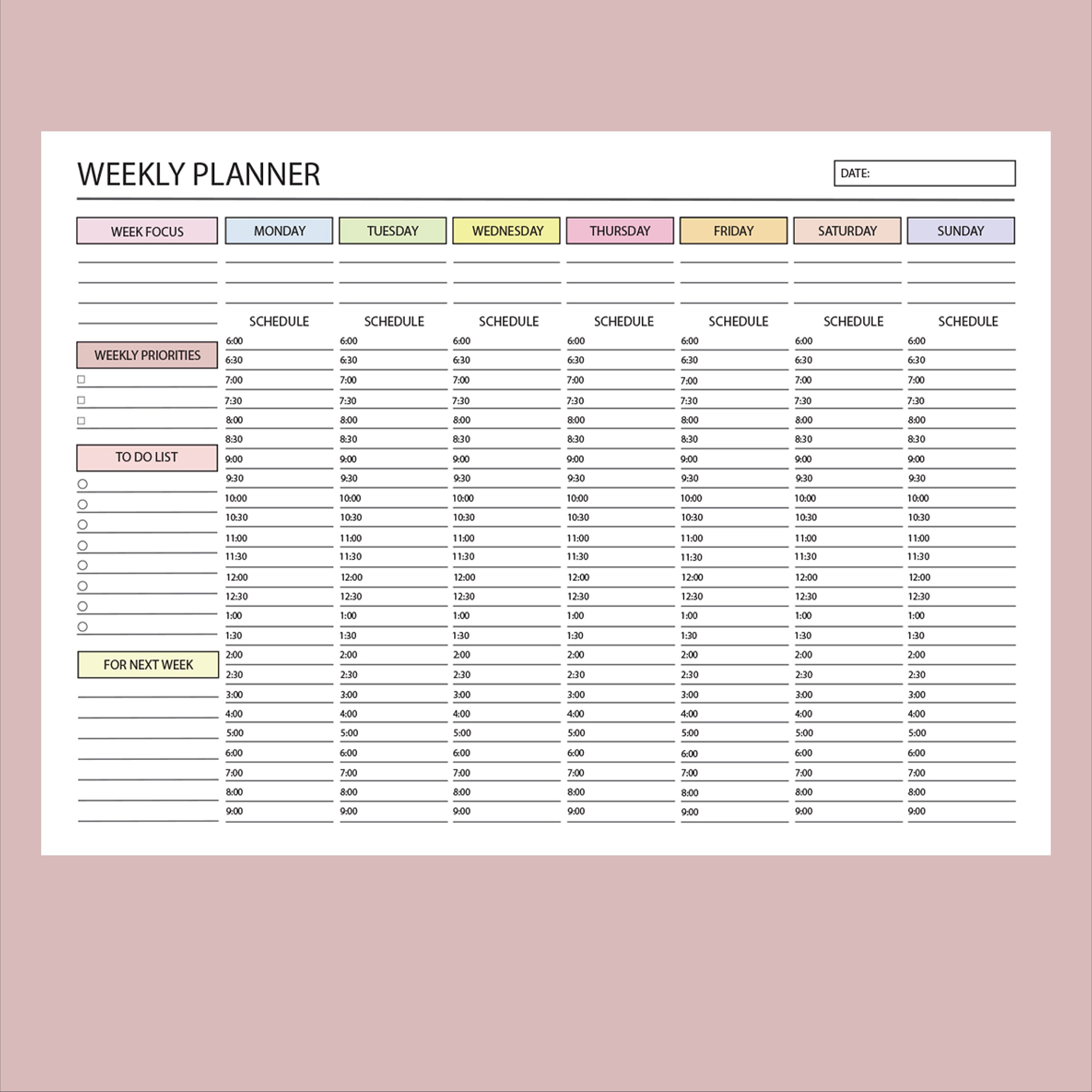 Weekly Planner Printable Landscape, Minimalist Weekly Schedule, Week at ...