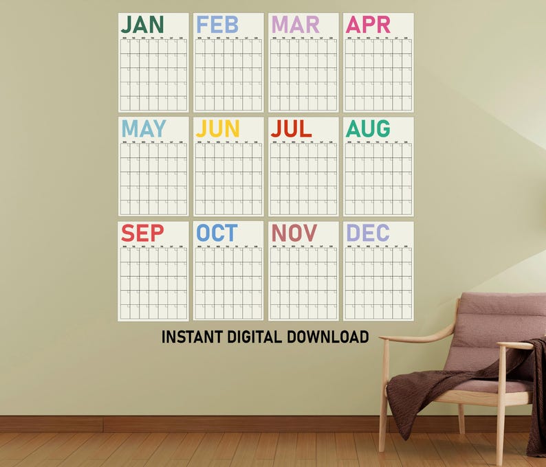 Large Monthly Wall Calendar Printable Bright, Pastel Wall Planner 2025 ...