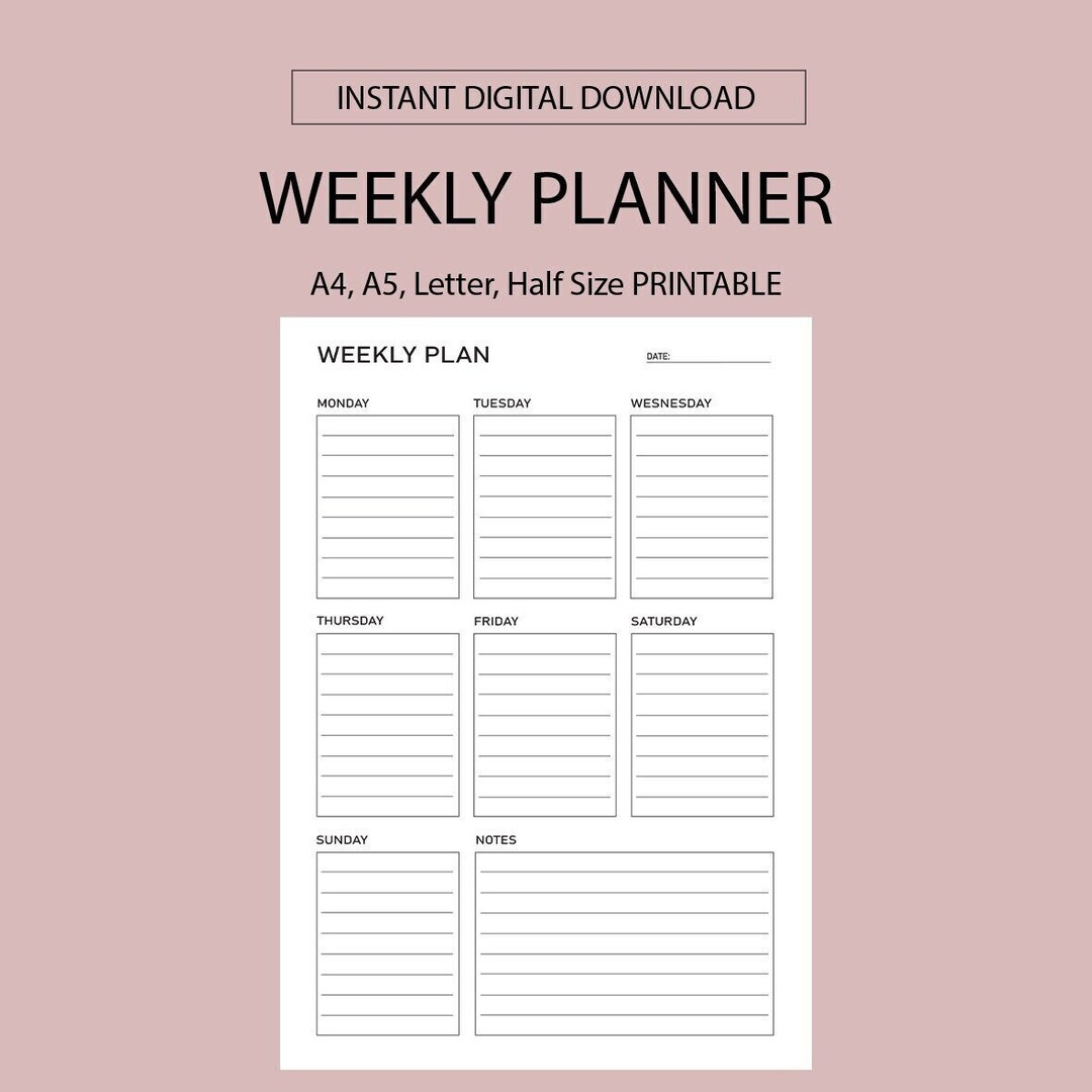 Weekly Planner Printable Landscape, Minimalist Weekly Schedule, Week at ...