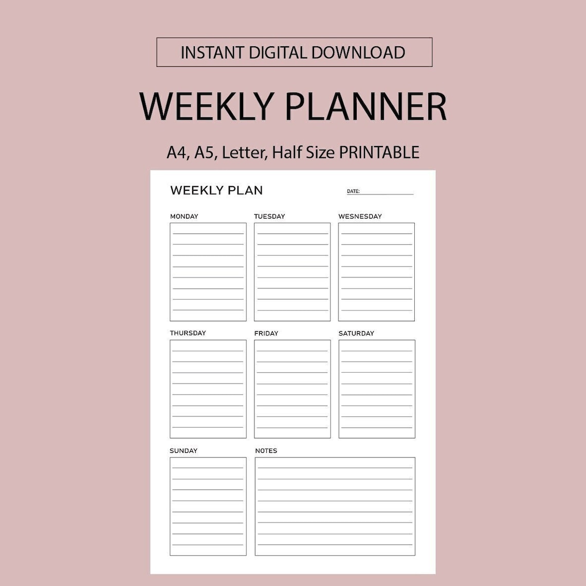 Weekly Planner Printable Landscape, Minimalist Weekly Schedule, Week at ...