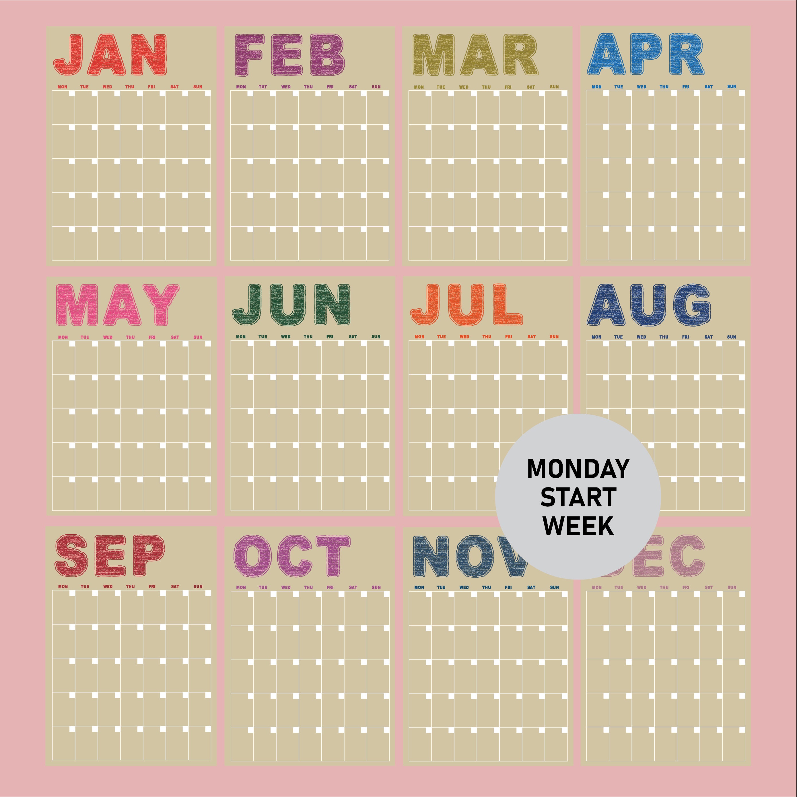 Undated Pastel Wall Calendar A3 A4, Large Monthly Wall Planner ...