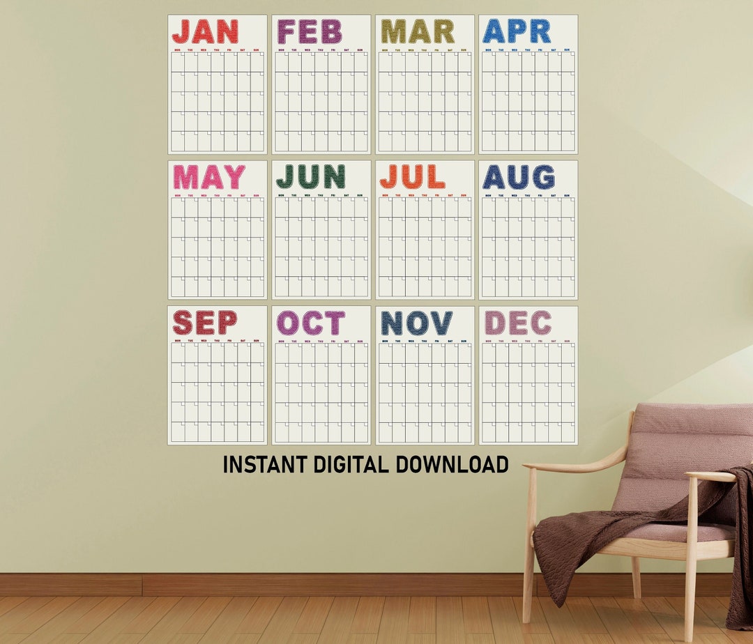 Large Monthly Wall Calendar Printable Bright, Pastel Wall Planner 2025 ...