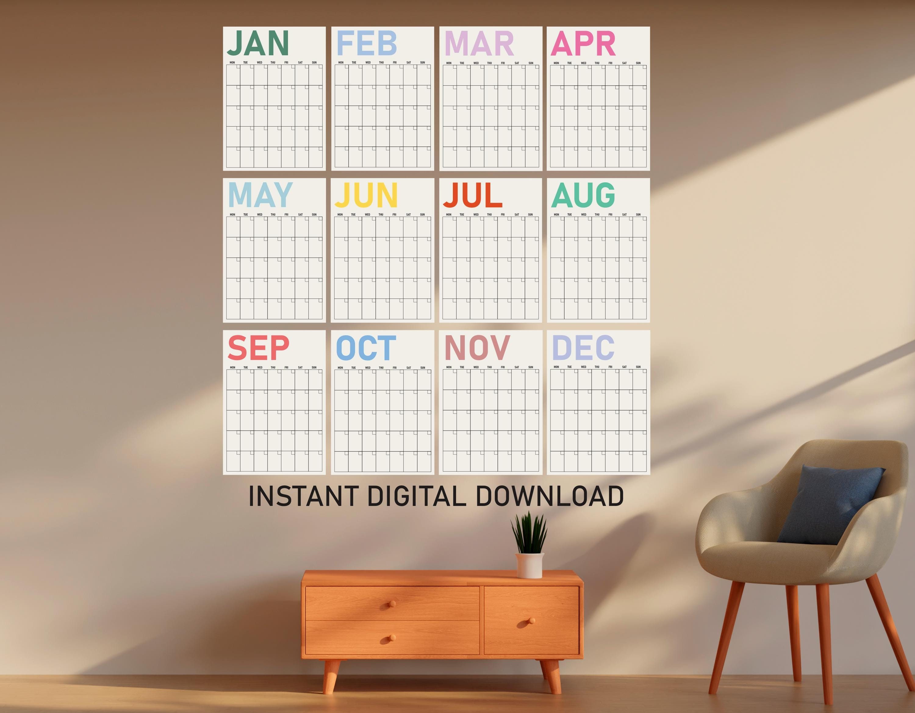 Large Monthly Wall Calendar Printable Bright, Monthly Wall Calendar ...