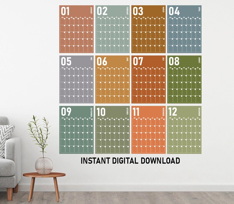 Undated Wall Calendar Printable PDF, Large Monthly Wall Planner ...