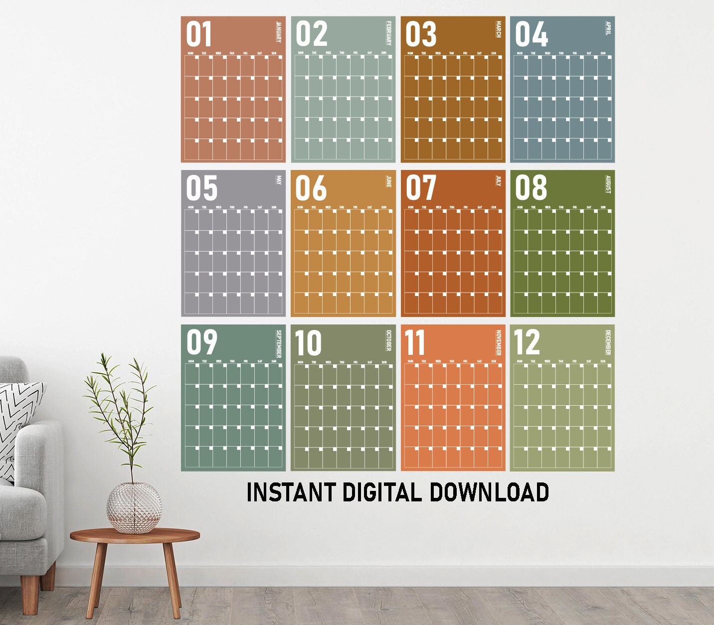Undated Wall Calendar Printable PDF, Large Monthly Wall Planner ...