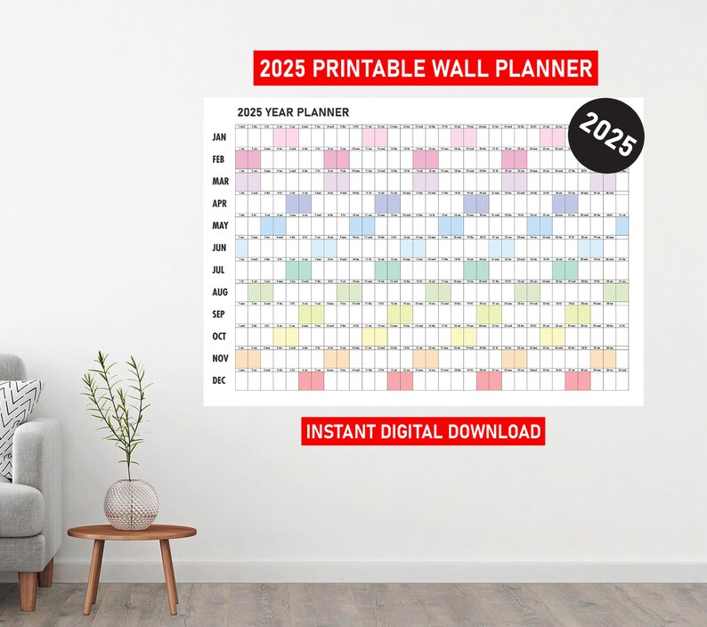Giant Wall Planner 2025 Printable PDF, 2025 Wall Calendar, Large Wall ...