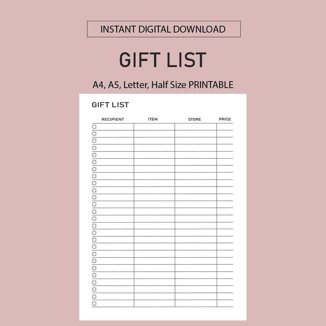 Gift List Planner Printable A4/a5/letter/half Size, Gift Ideas, Gift ...