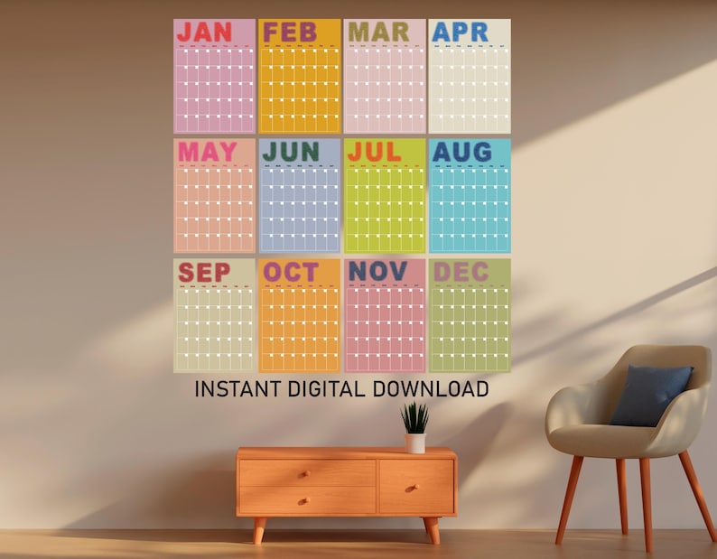 Large Monthly Wall Calendar Printable, Pastel Wall Planner, Undated ...