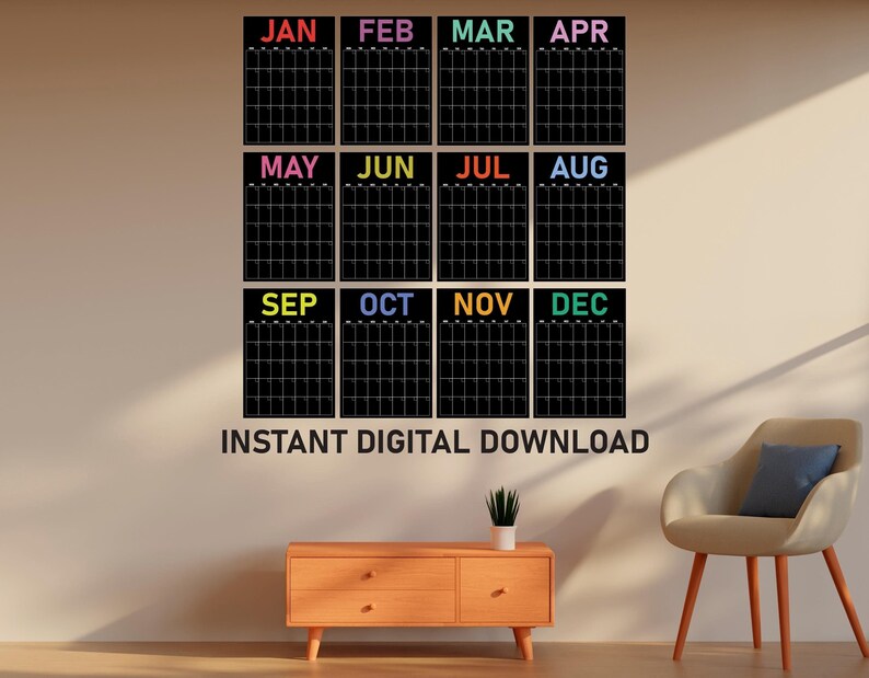 Year Wall Calendar Printable Bright, Gothic Calendar, Monthly Wall ...