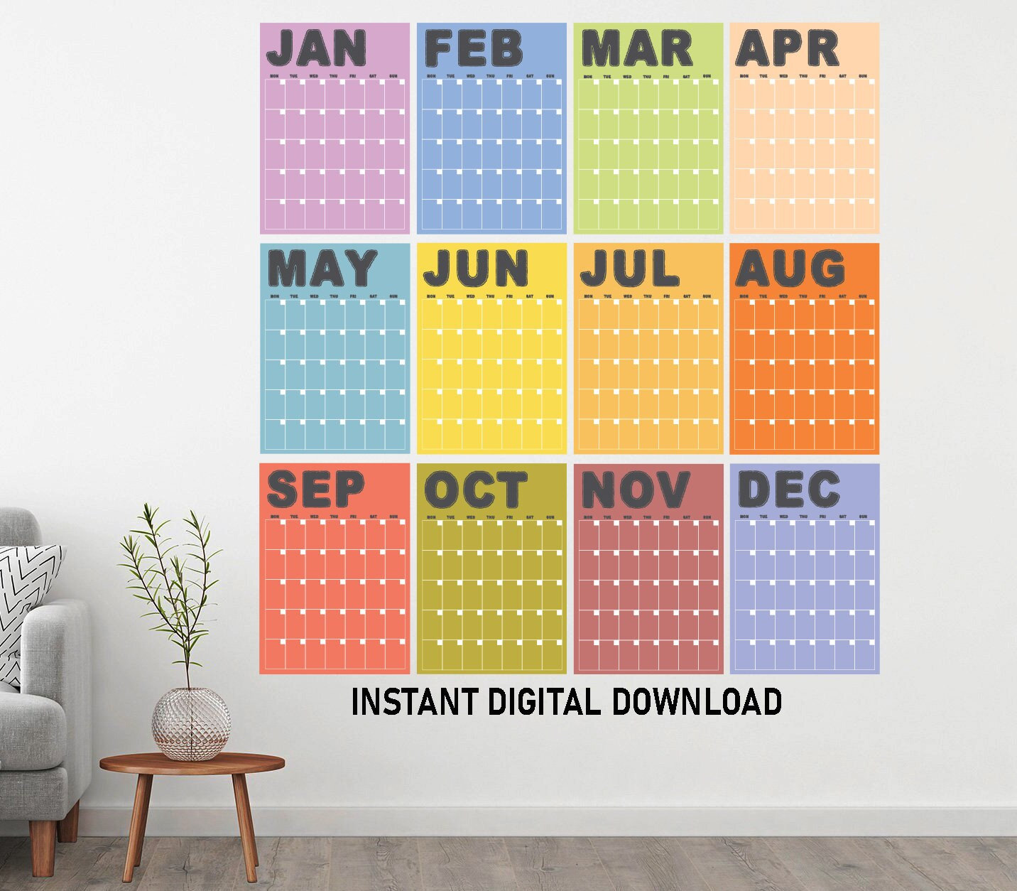 Large Monthly Wall Planner Printable Bright, Pastel Wall Calendar 2025 ...