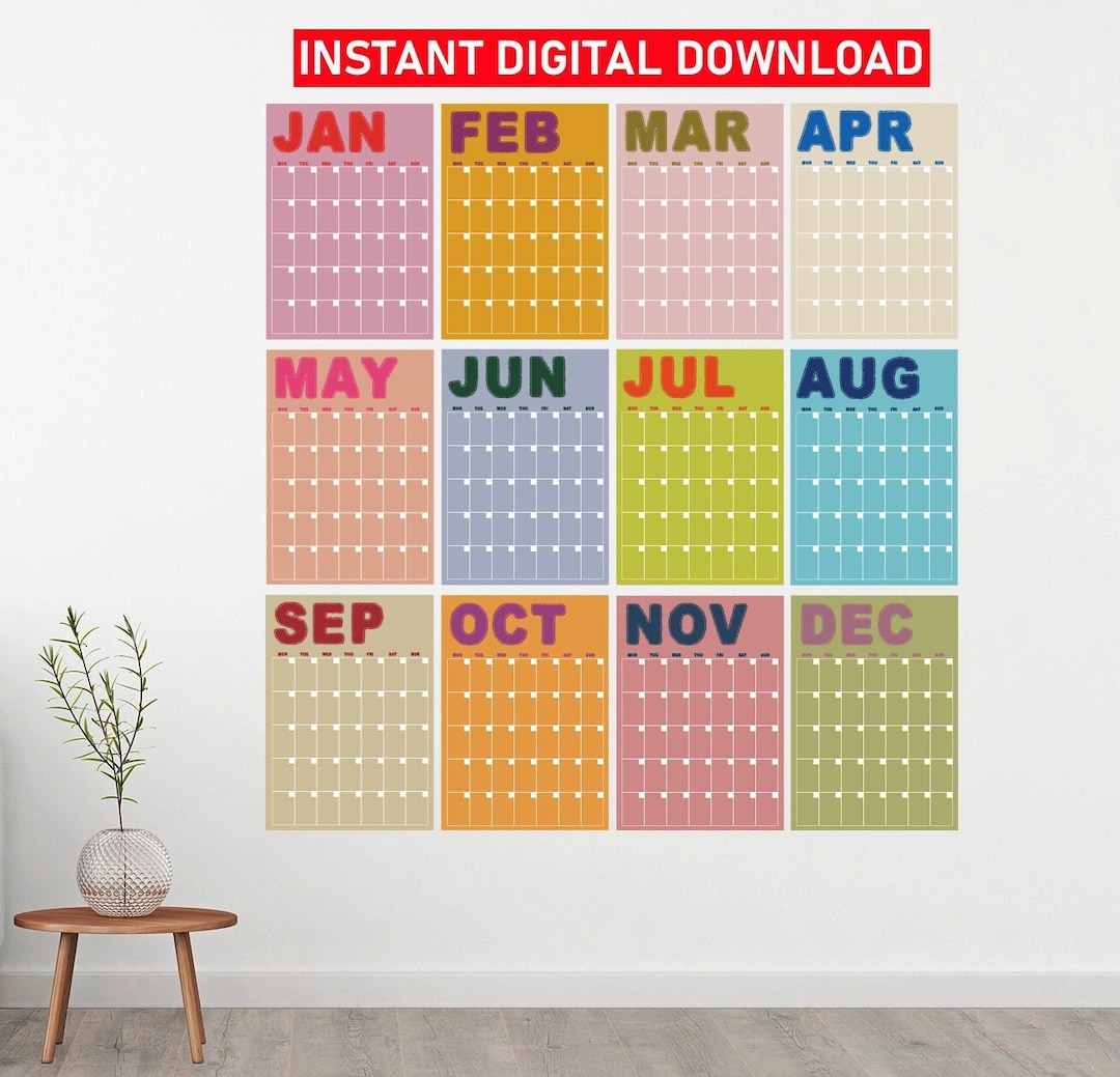 Large Monthly Wall Calendar A3 A4 PDF, Pastel Wall Planner, Undated ...