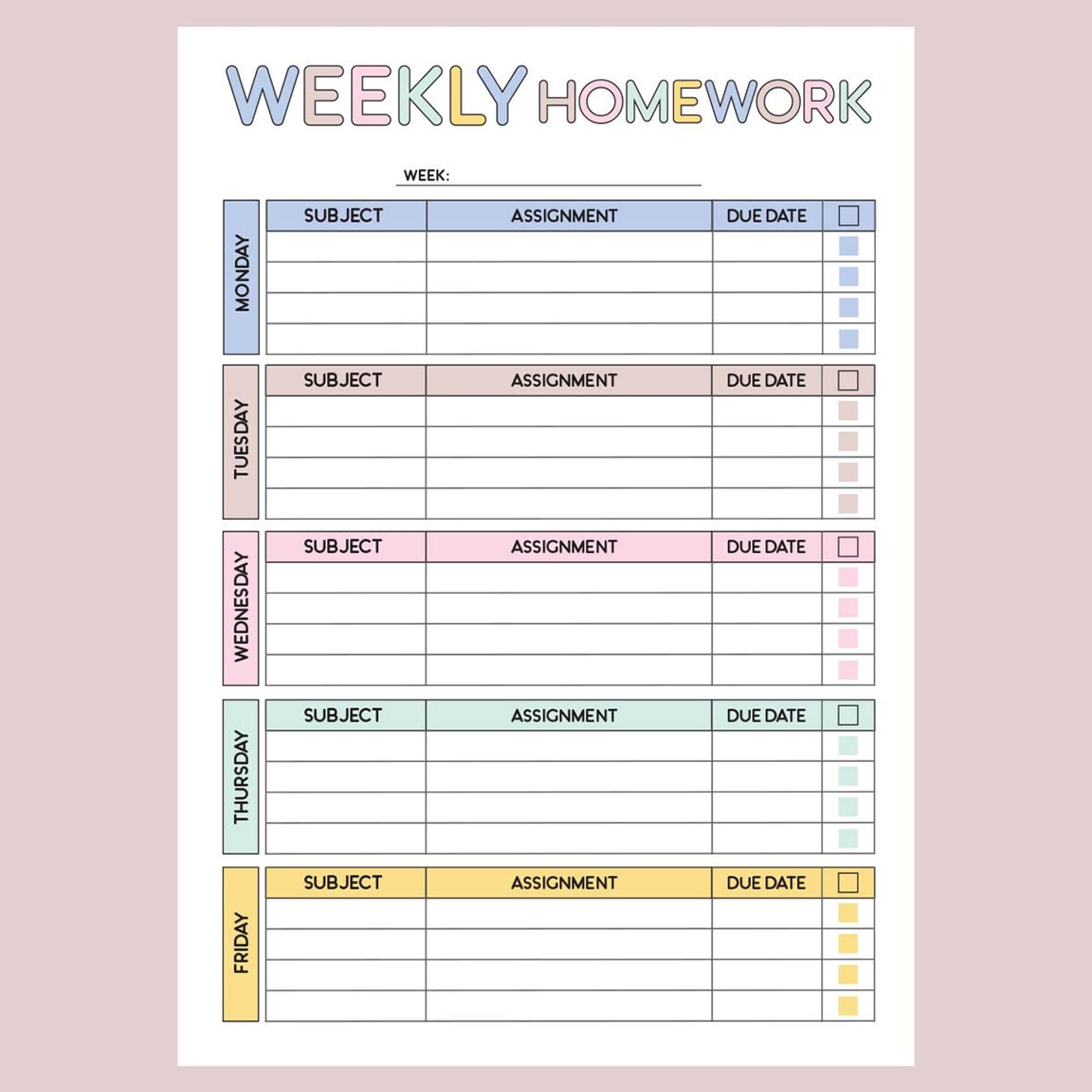 Weekly Homework Schedule Kids Printable, Weekly Homeschool Schedule ...