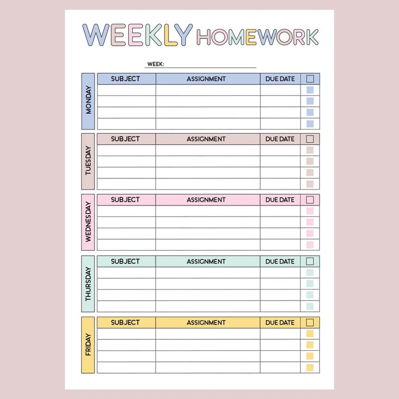 Weekly Homework Schedule Kids Printable, Weekly Homeschool Schedule ...