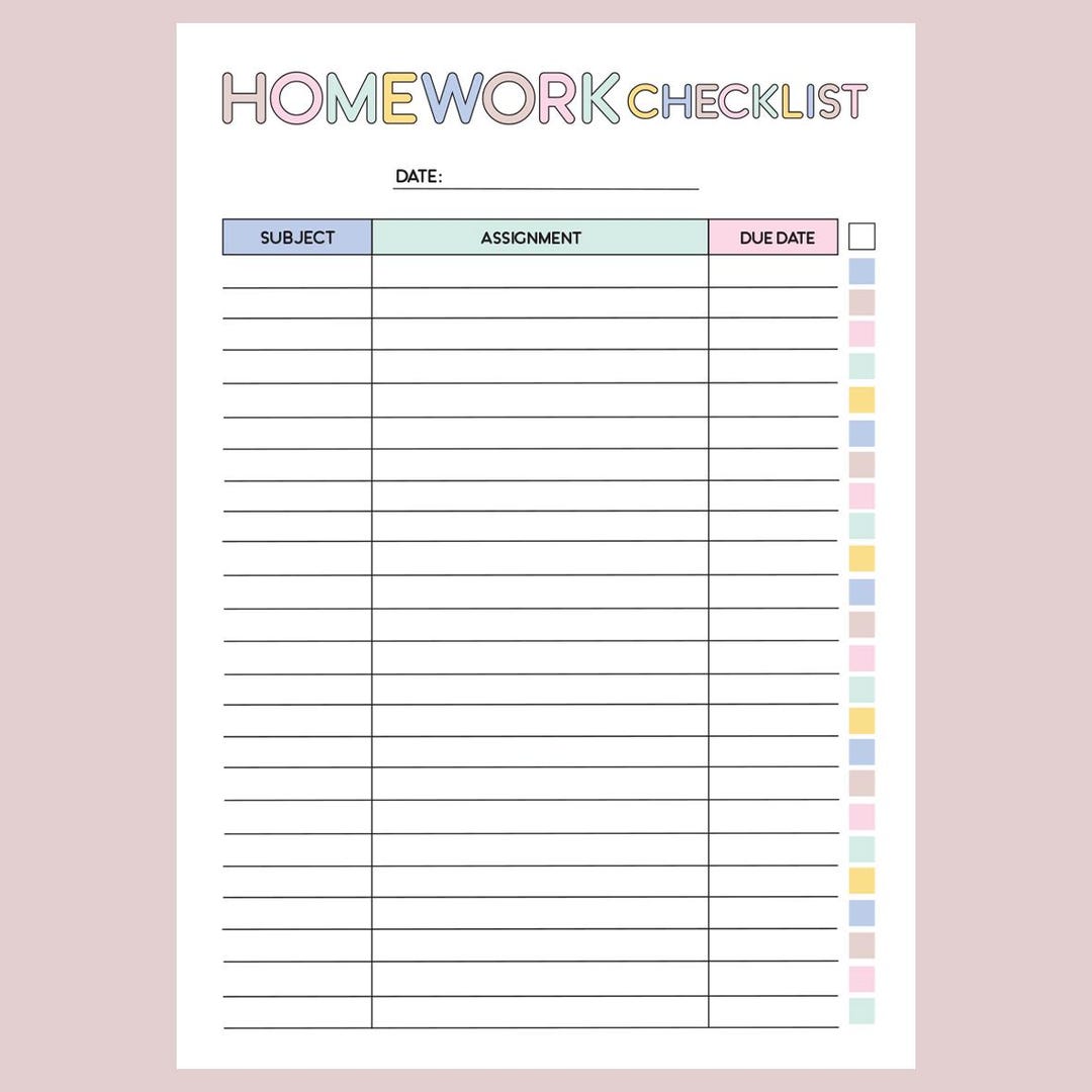 Homework Checklist Printable: Student Planner (digital Download) - Etsy