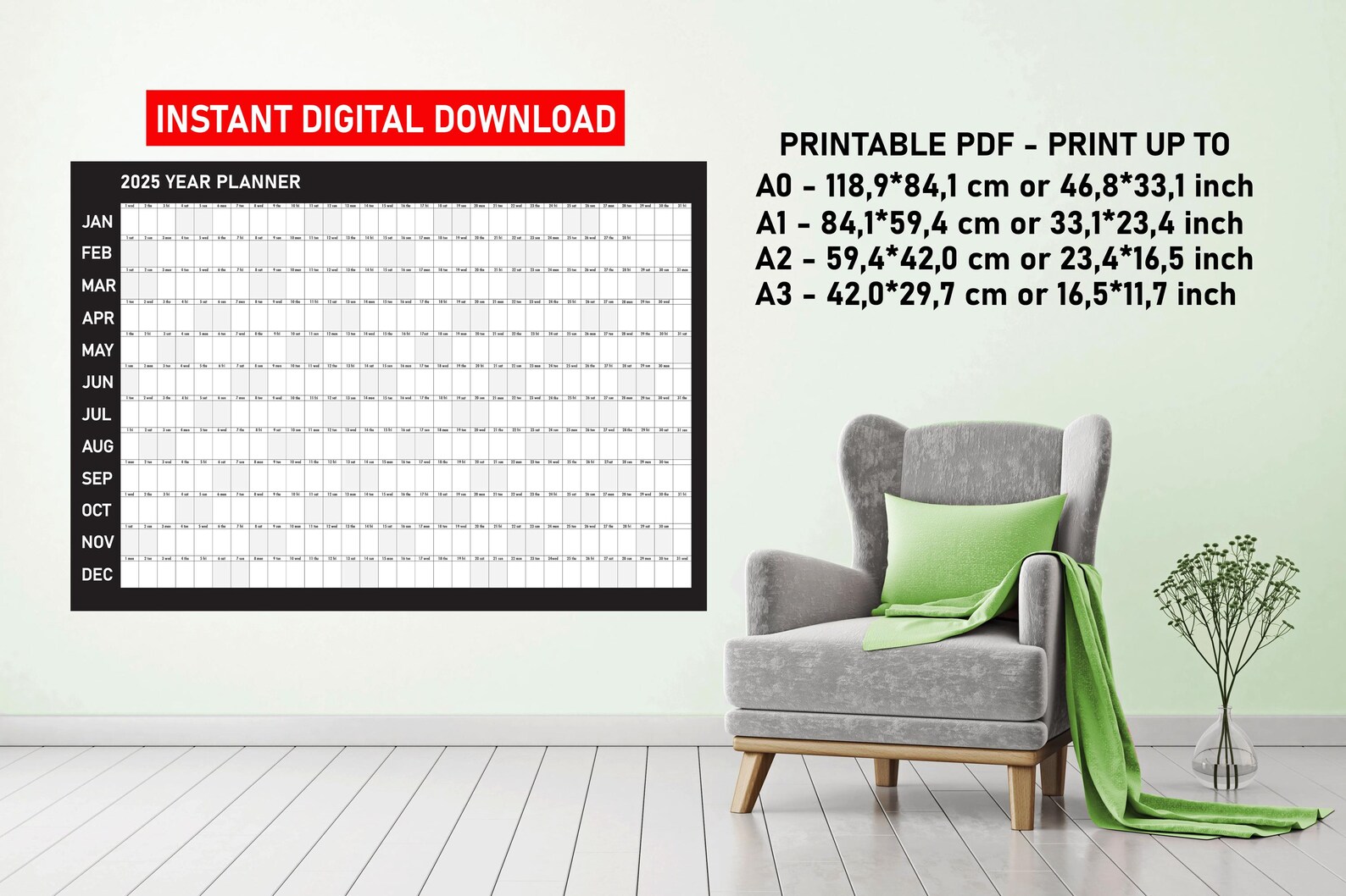 Giant Wall Calendar 2025 Printable, Wall Planner 2025, Year Planner ...