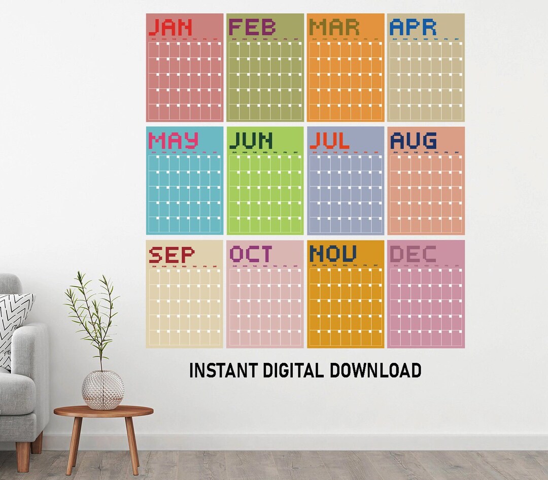 Large Monthly Wall Calendar Pixel Font A3 A4 PDF, Pastel Wall Planner ...