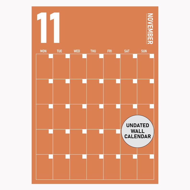 Undated Wall Calendar Printable PDF, Large Monthly Wall Planner ...