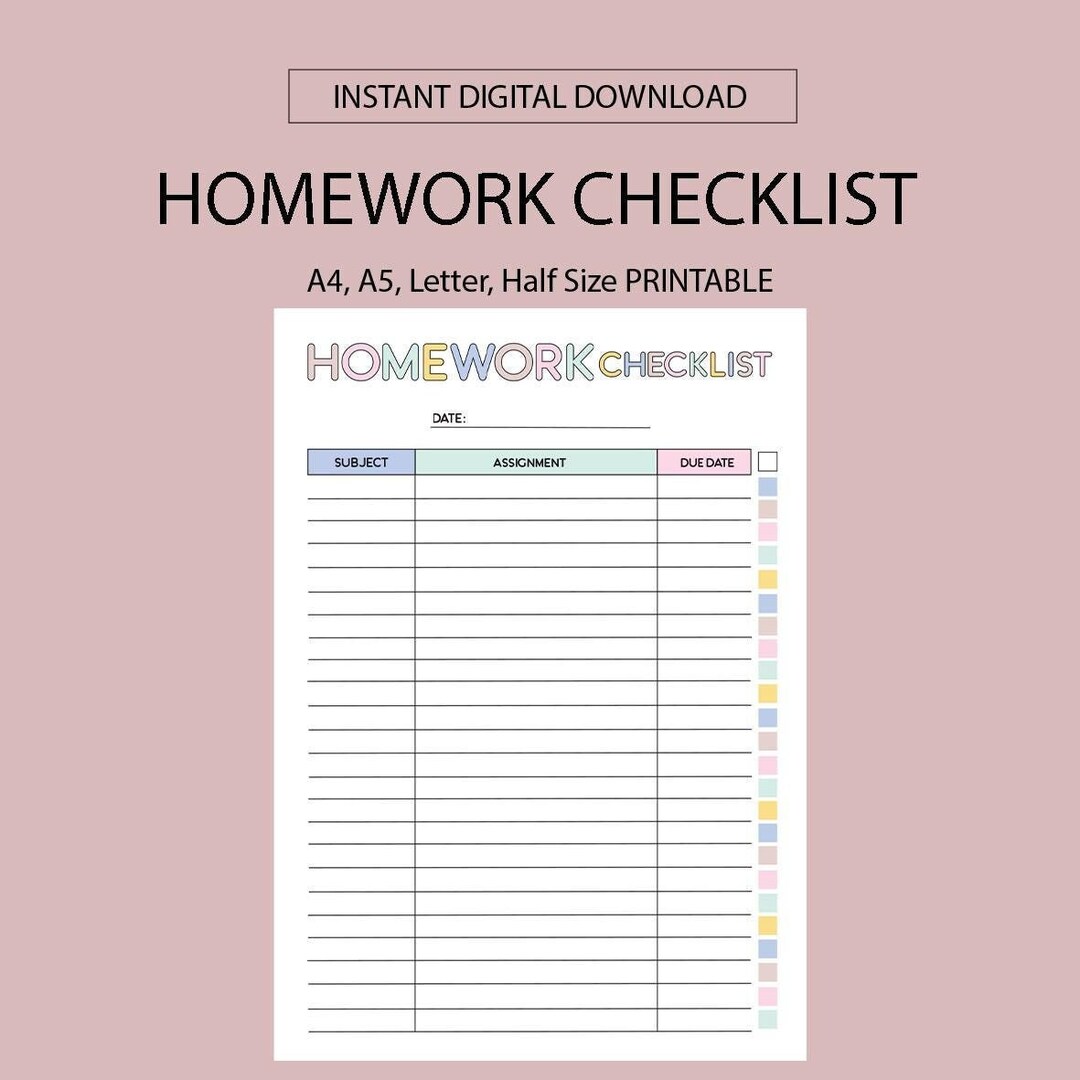 Homework Checklist Planner Printable, Print, Digital, Student Planner ...