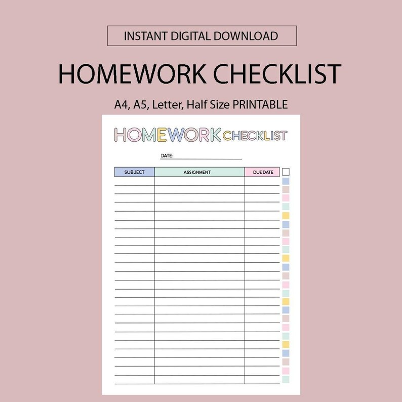 Homework Checklist Printable: Student Planner (digital Download) - Etsy UK