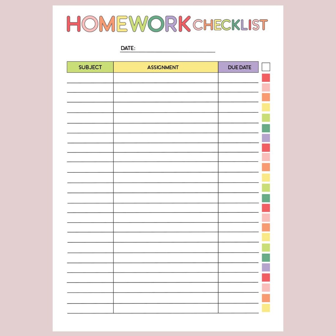 Homework Checklist Printable: School Planner (digital Download) - Etsy