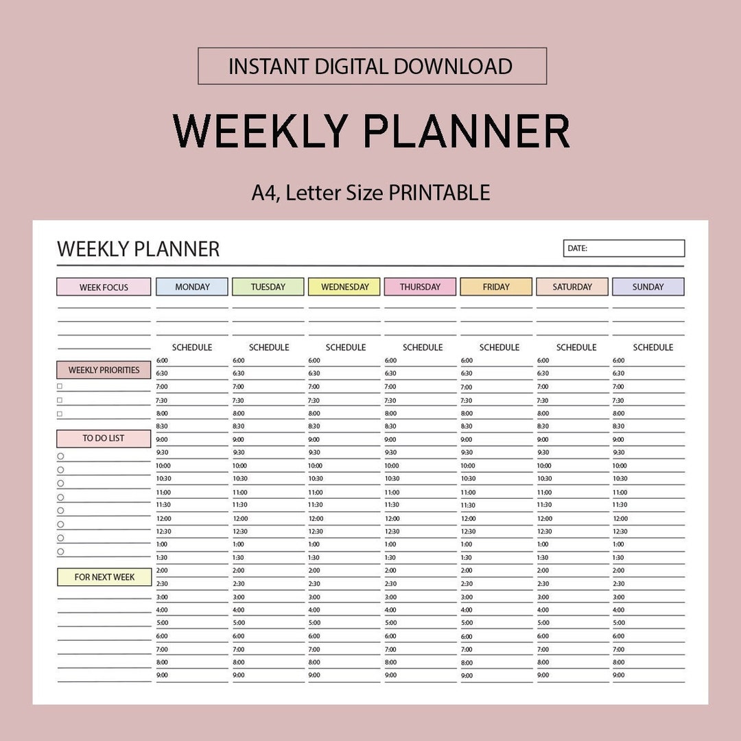 Weekly Planner Printable Landscape, Minimalist Weekly Schedule, Week at ...