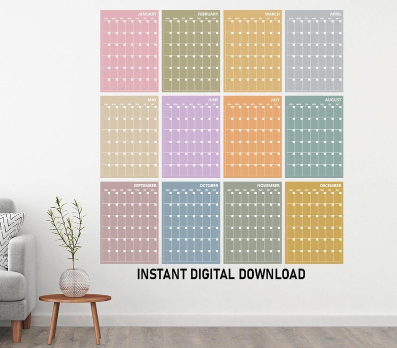 Large Monthly Wall Calendar A3 A4 PDF Undated Wall Planner Pastel Wall ...