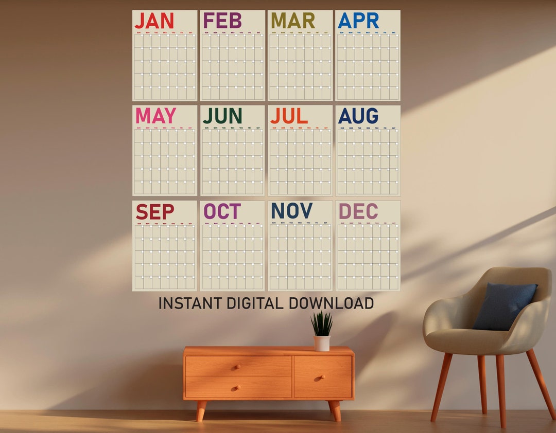 Large Monthly Wall Calendar Printable Bright, Pastel Wall Planner 2025 ...