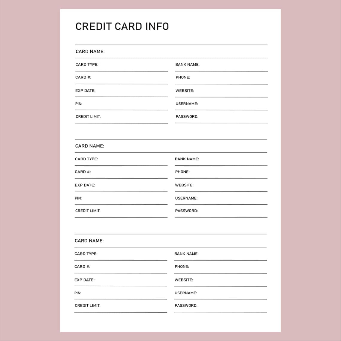 Tracking Credit Card Information Printable, Credit Card Log, Credit ...
