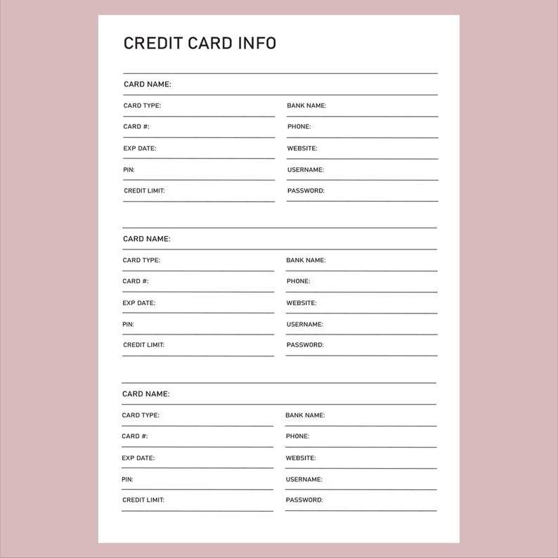 Tracking Credit Card Information Printable, Credit Card Log, Credit ...