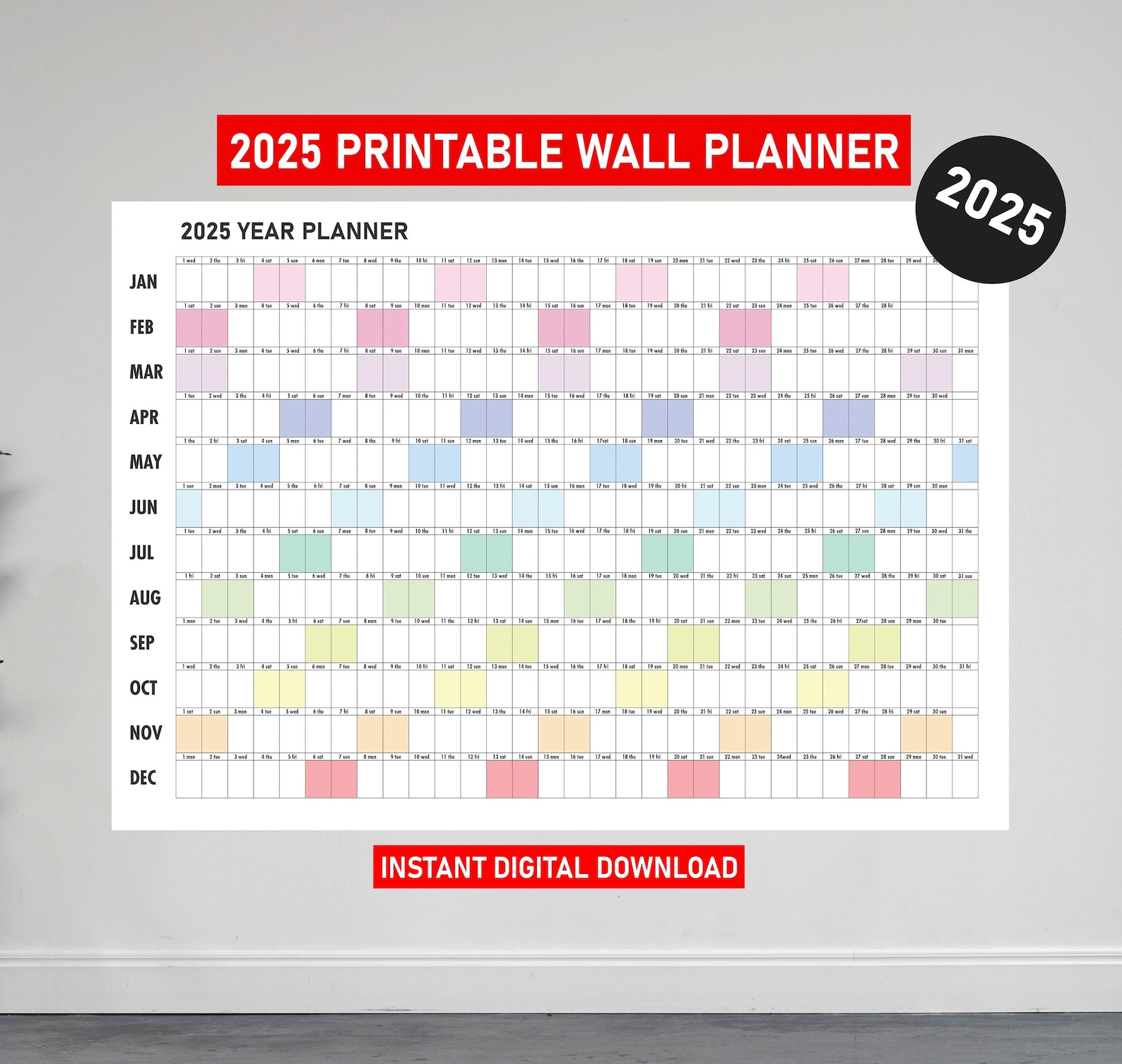 Giant Wall Planner 2025 Printable PDF, 2025 Wall Calendar, Large Wall ...