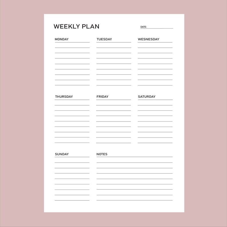 Minimalist Weekly Planner Printable PDF Letter Sunday or Monday Start ...