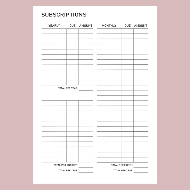 Subscription Tracker Printable, Membership Checklist, Expense Tracker ...