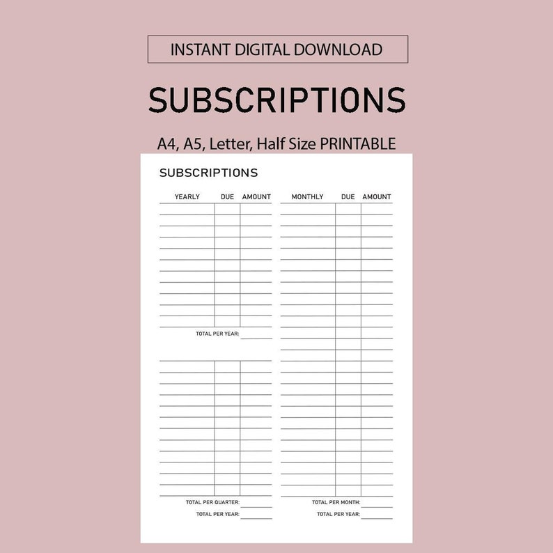 Subscription Tracker Printable, Membership Checklist, Expense Tracker ...