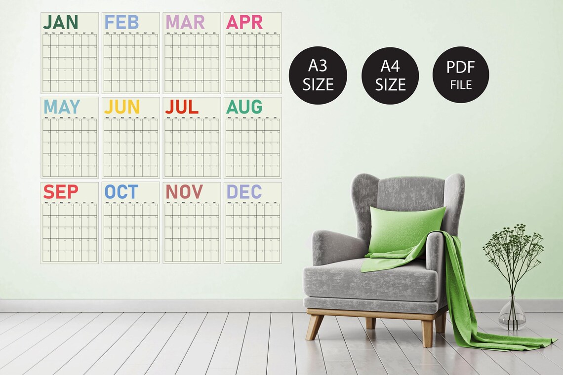 Large Monthly Wall Calendar Printable Bright, Pastel Wall Planner 2025 ...