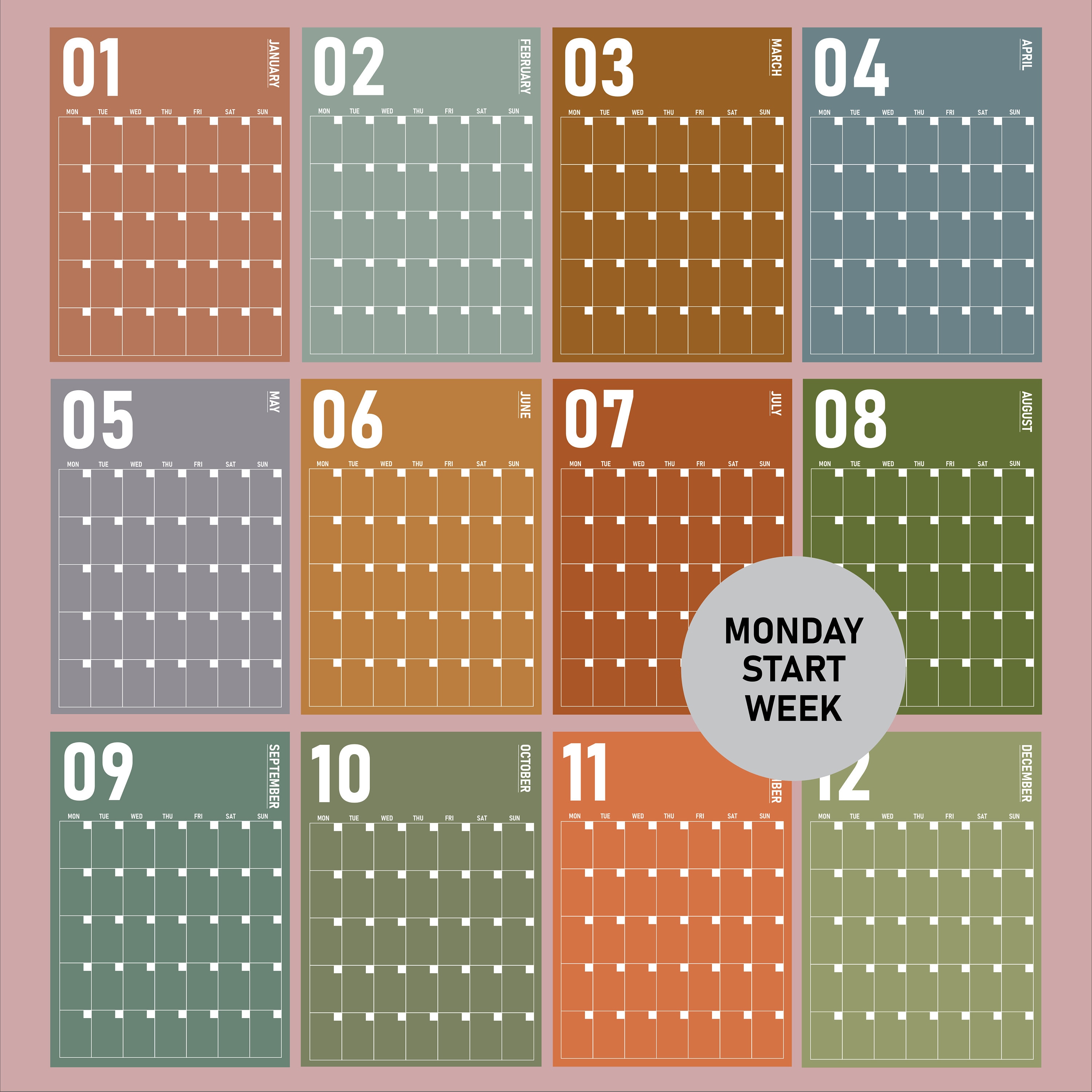 Undated Wall Calendar Printable PDF, Large Monthly Wall Planner ...