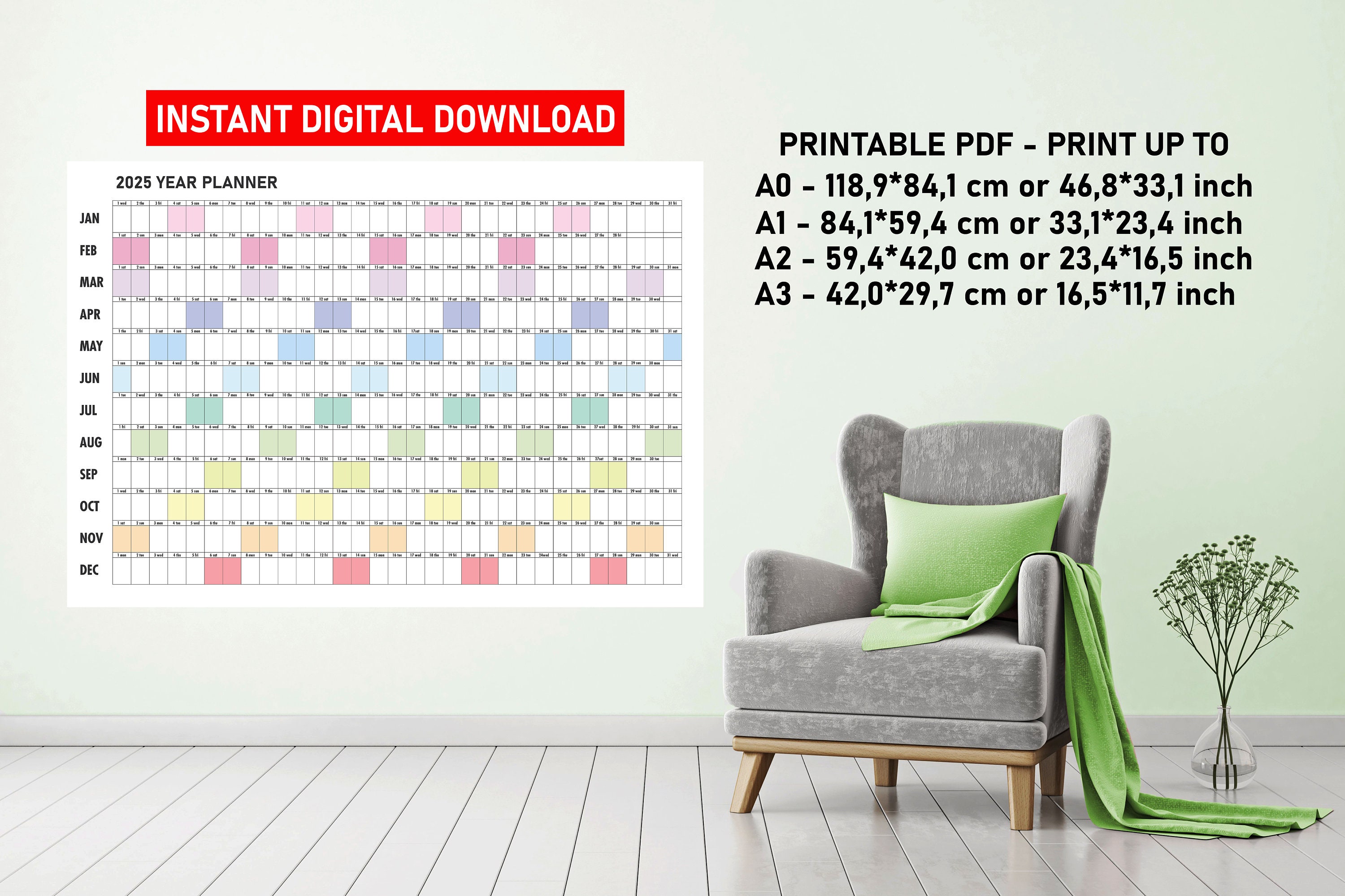 Giant Wall Planner 2025 Printable PDF, 2025 Wall Calendar, Large Wall ...