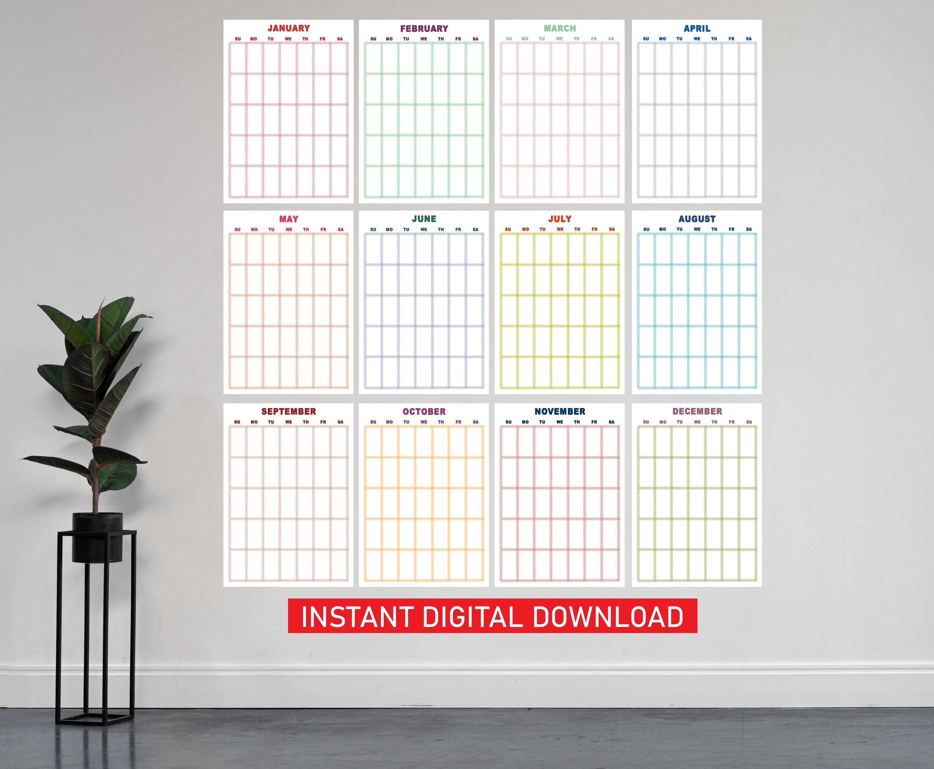 Large Monthly Wall Calendar A3 A4 PDF, Pastel Wall Planner, Undated ...