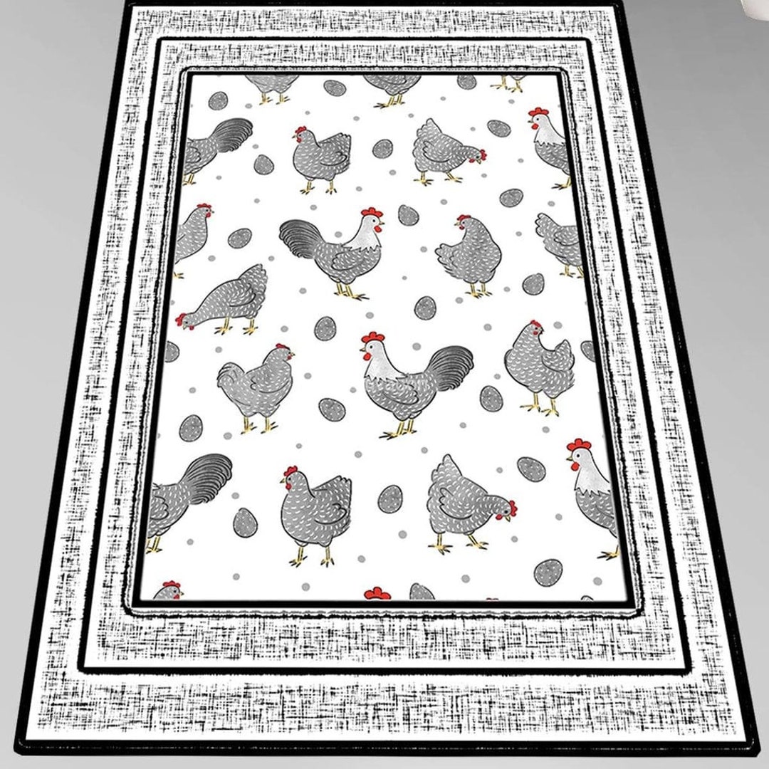 Black and White Chicken , Rooster Themed Kitchen Rug Soft Non-slip ...