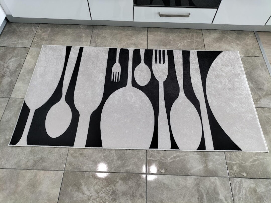 Soft Non-slip Kitchen Rug Fork and Spoon Themed Kitchen Rug Decorative ...