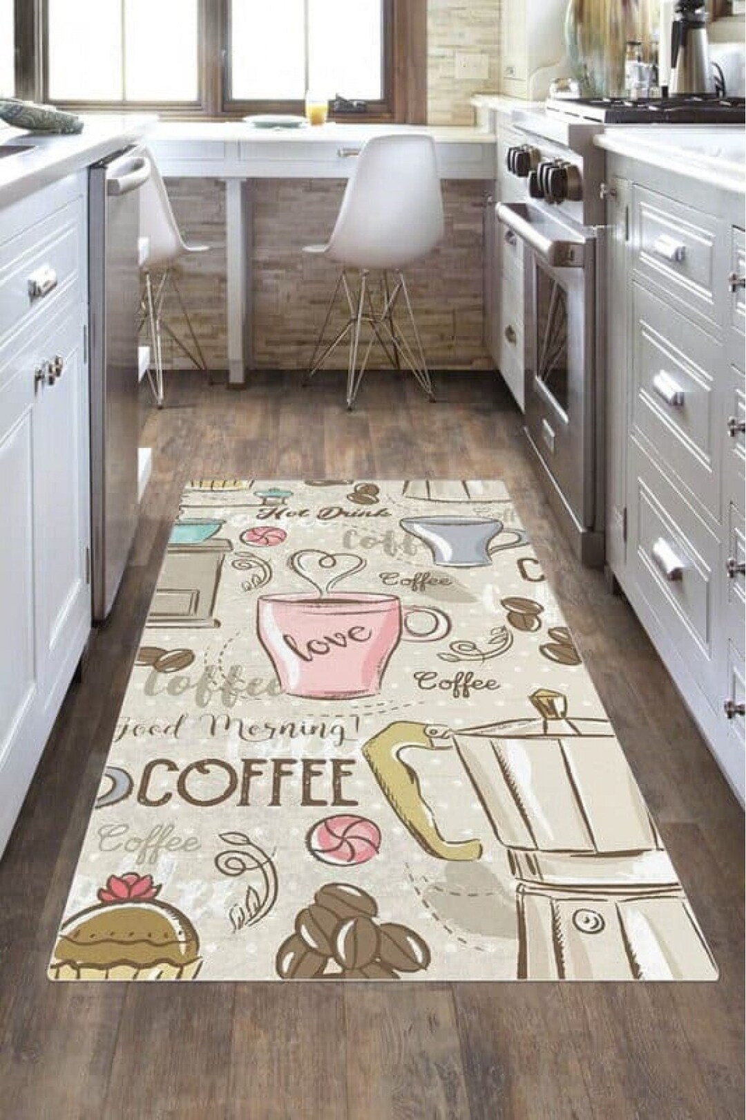 Coffee and Cup Themed Kitchen Rug Machine Washable Printed Kitchen Mat ...