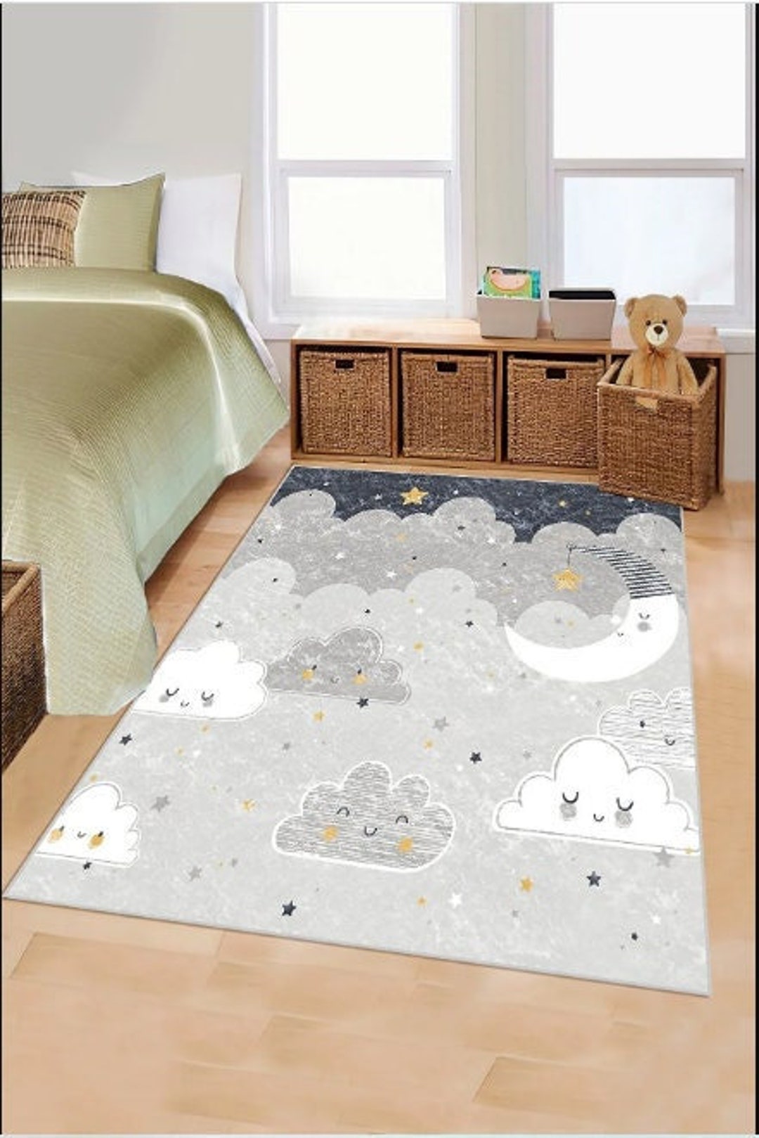 Cloud, Moon and Night Themed Kids Carpet Anti-allergic Machine Washable ...