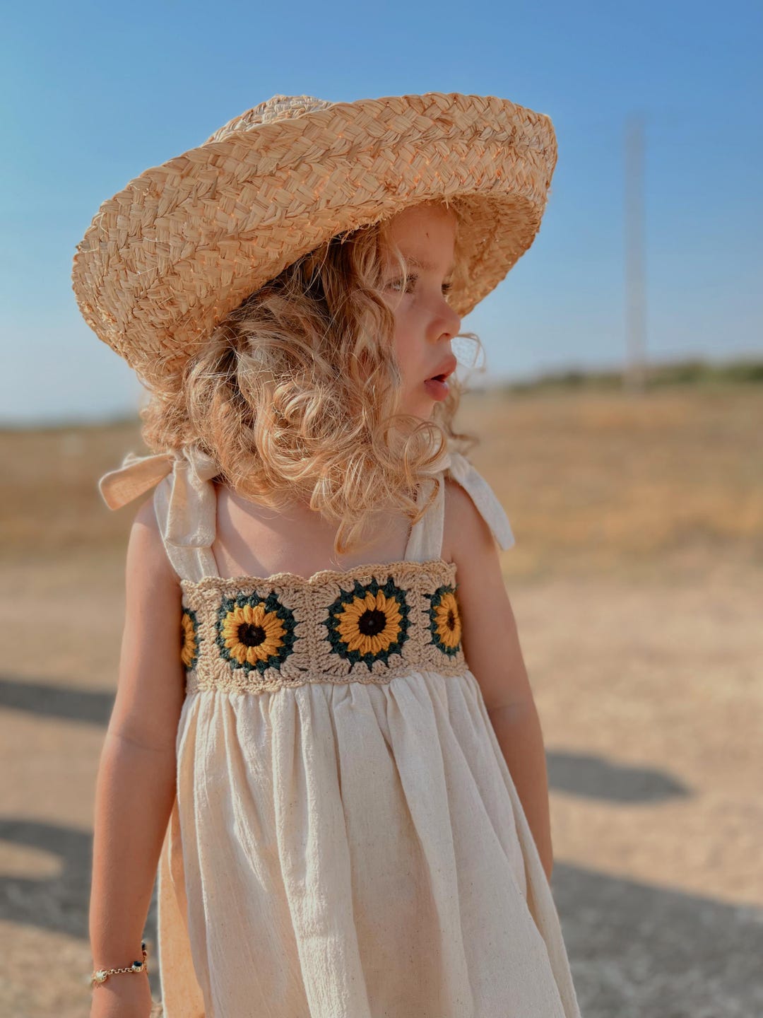 Boho Baby Girl Dress, Sunflower Crochet Bodice, Cotton Gauze ...
