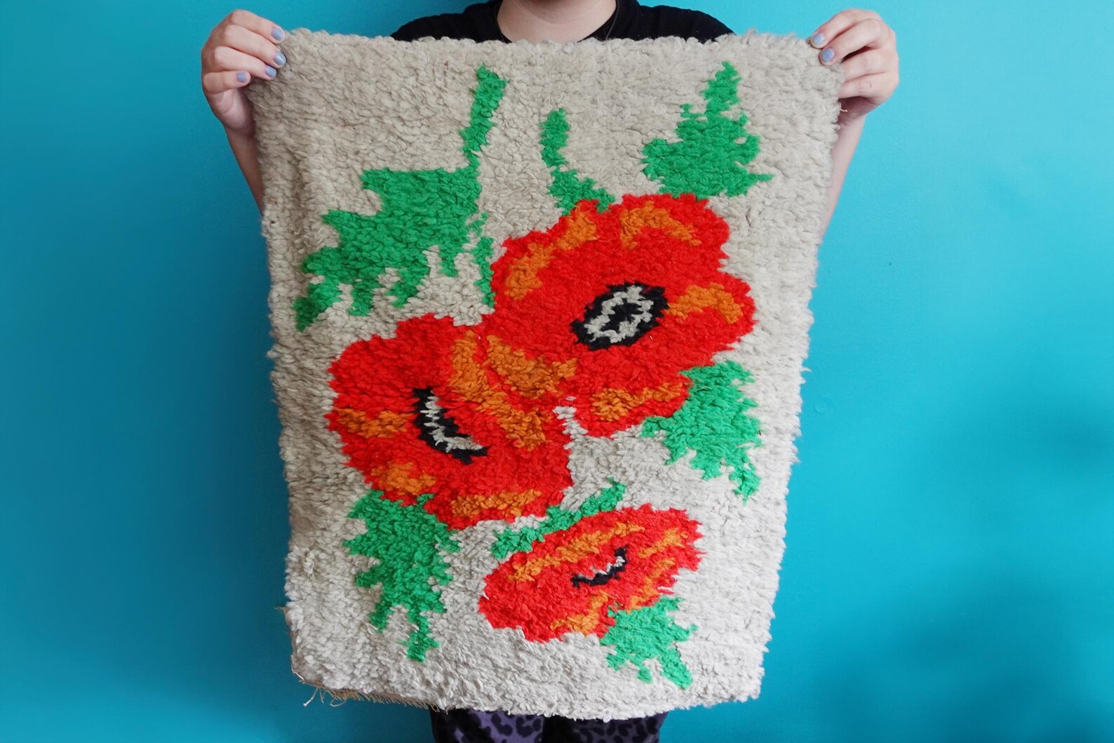 Vintage Latch Hook Rug Wall Hanging - Poppies - Tapestry - Wall Hanging ...