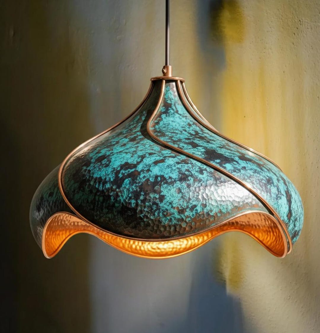 Hand-hammered Copper Lotus Pendant Light: Blue Black Patina, Moroccan ...