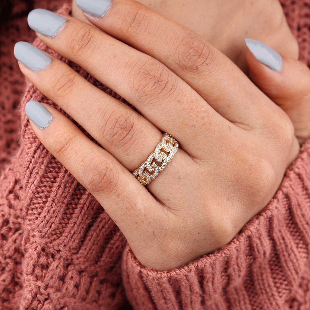 Cuban Chain Moissanite Engagement Ring Round Diamond Pave Cuban Ring ...