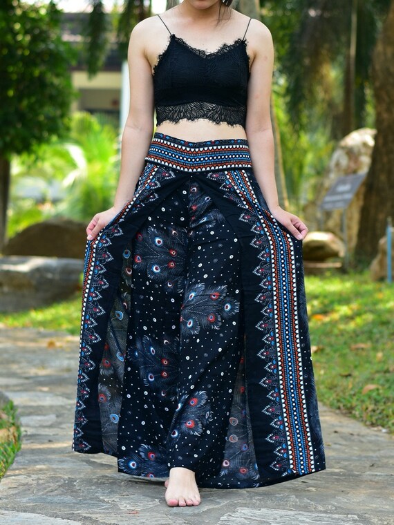 Peacock Feathers Palazzo Pants in Black Wide Legs Pants High - Etsy