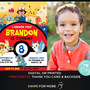 Pikachu Card Birthday Invitation With Picture Photo Printable Editable ...