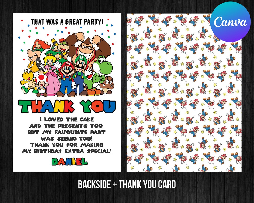 Super Mario Thank You Card Birthday Boy Editable Template Canva ...