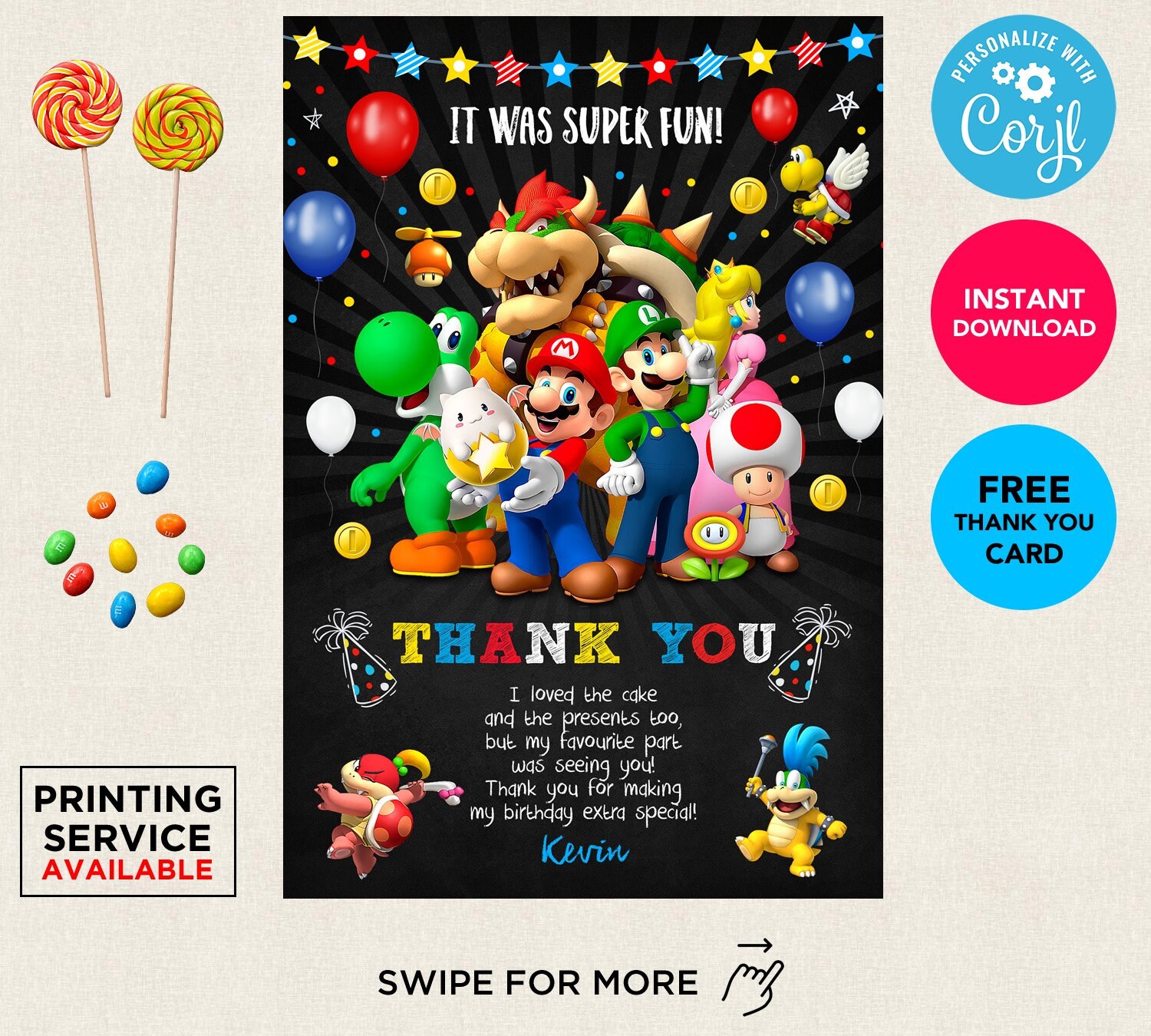 Super Mario Birthday Boy Invitation Personalized Thank You - Etsy