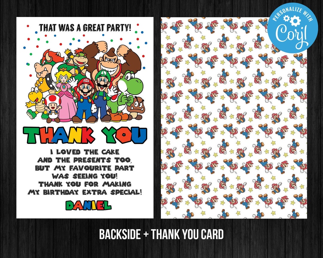 Super Mario Thank You Card Birthday Boy Editable Template Corjl Printable Instant Download ...